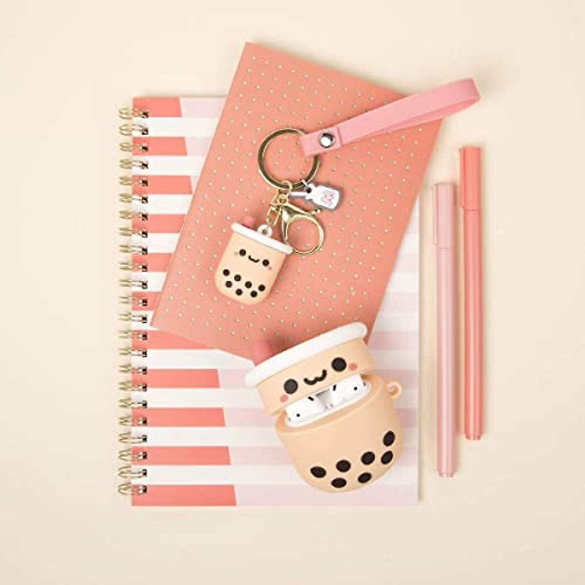 Cute Airpod Case Cover with Keychain Girly Pink Boba Milk Tea Design Compatible with Airpods 2&1 Charging Case for Women and Girls