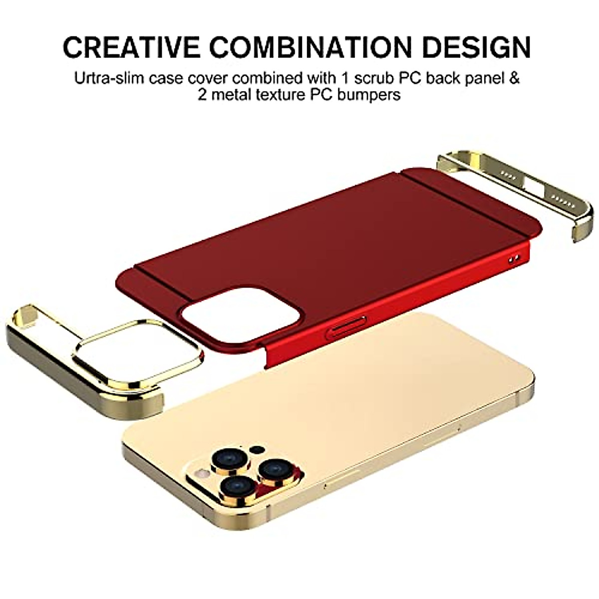 RORSOU iPhone 13 Pro Max Case, 3 in 1 Ultra Thin and Slim Hard Case Coated Non Slip Matte Surface with Electroplate Frame for Apple iPhone 13 Pro Max (6.7")(2020) - Red and Gold