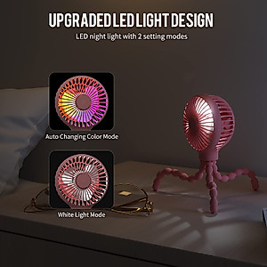 Stroller Fan Upgraded Handheld Personal Fan Battery Operated Mini Portable Fan with LED Light Aromatherapy, Flexible Tripod Clip On Fan with 3 Speeds Versatile Fan for Car Seat Crib Bike Desk (Pink)