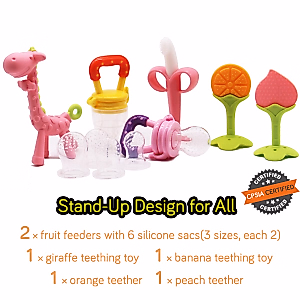 Stand-Up Teething Toys for Babies 0-6 Months 6-12 Months - Teethers with 2 × Baby Fruit Feeders and 4 × Baby Teether - BPA Free/Freezer Free - Different Soft Textures for Infant and Toddlers (Pink)