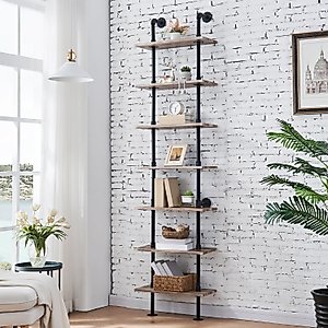 HOMBAZAAR Industrial Pipe Bookshelf,7 Tier Pipe Shelving,Wall Mounted Ladder Shelves with Metal Frame for Home Office,Living Room,Oak Brown