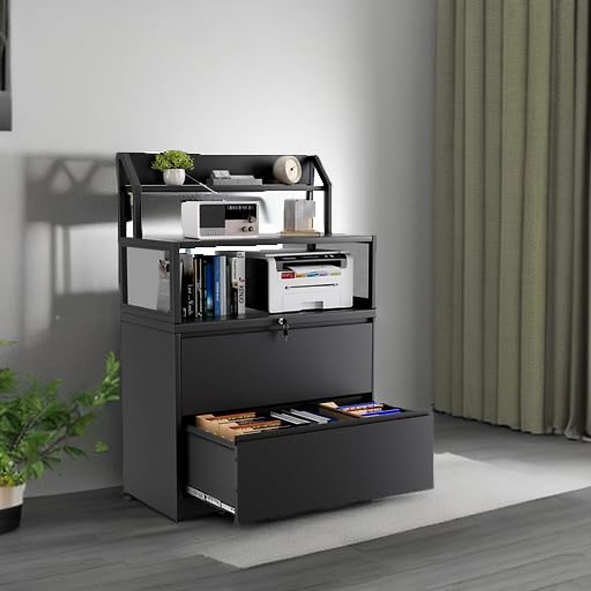 Rophefx File Cabinet with Shelves, 2 Drawers Lateral File Cabinet, Printer Stand with Open Storage Shelf, Metal File Cabinet with Lock, Black