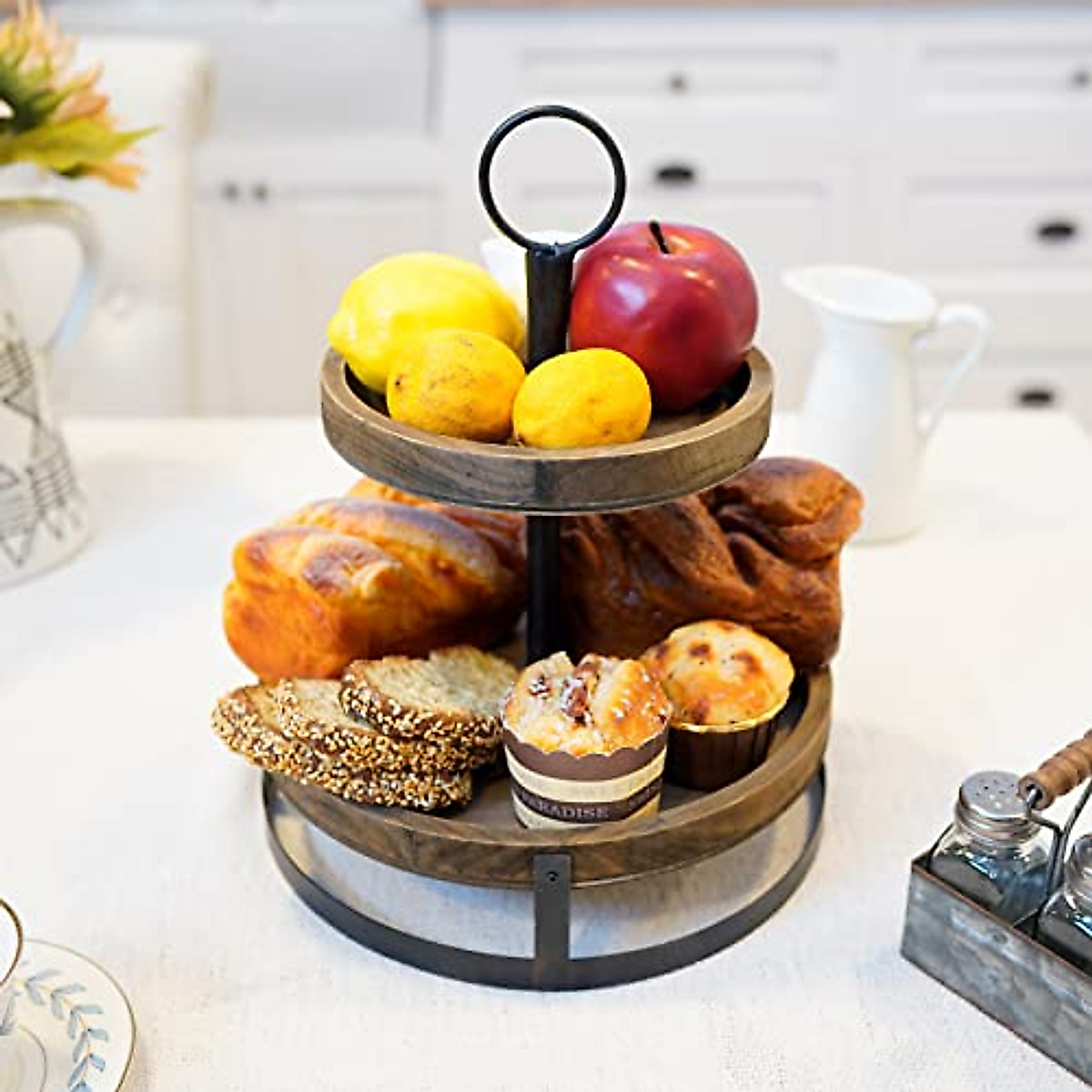 SOFFEE DESIGN 2 Tiered Serving Tray, Wood Cake Stand with Metal Handle, Rustic Farmhouse Easter Tiered Serving Tray, Tabletop Display Food Fruits Afternoon Tea Cupcake Organizer for Home Office