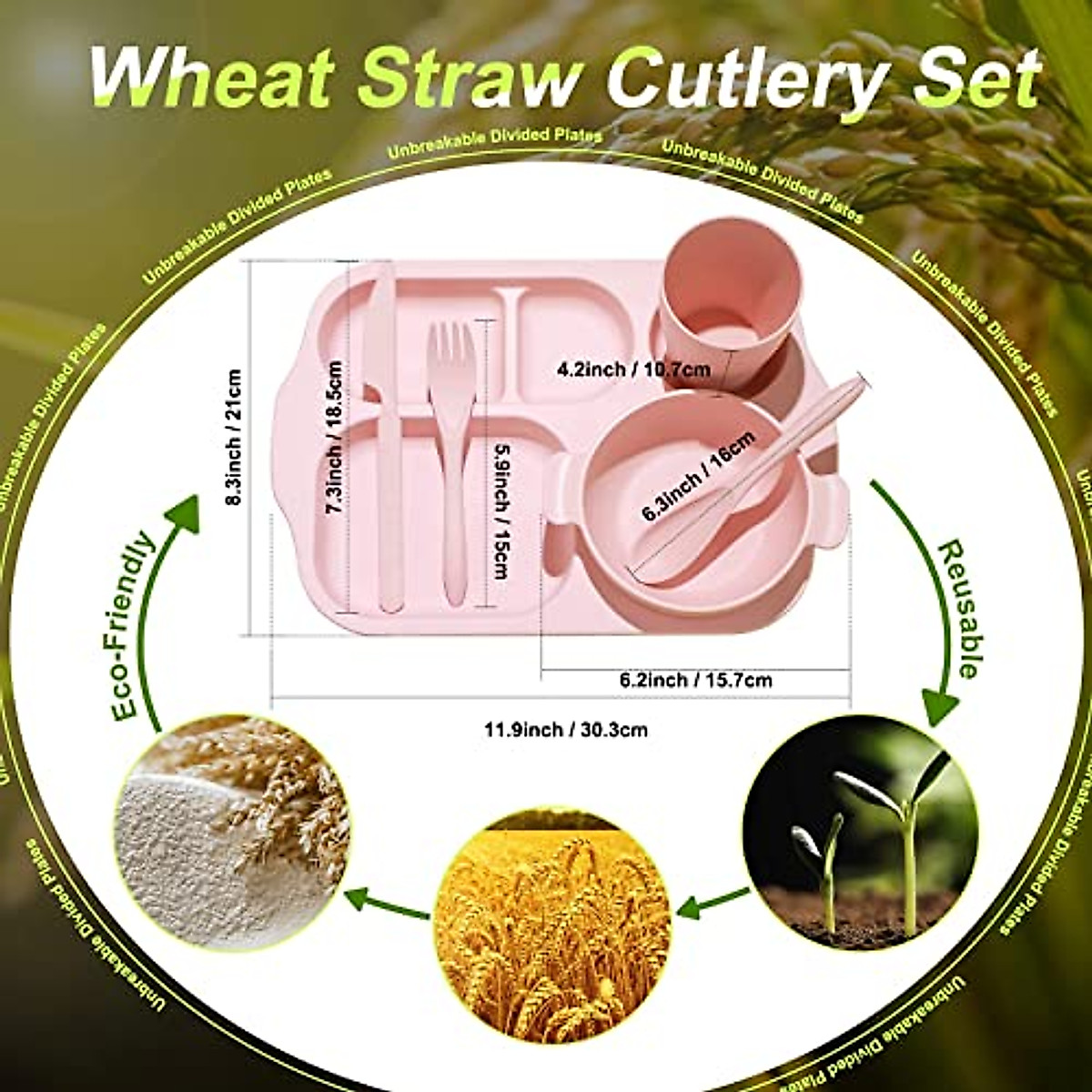 24 Pcs Wheat Straw Dinnerware Cutlery Set Including Kids Toddlers Divided Plates Microwave Dishwasher Safe Bowl Unbreakable Tableware Straw Cutlery Spoon Knife Fork Cup (Beige/Pink/Green/Blue)