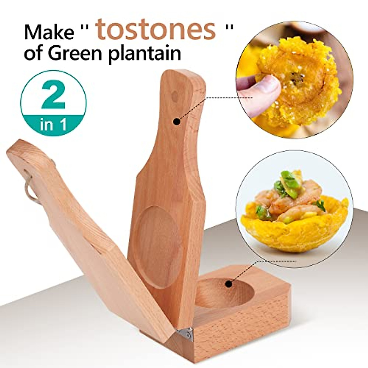 Wooden Tostonera Plantain Press Banana Smasher Maker Green Plantain's Wood 2 in 1 Crispy Tostones for Fried Plantains Chips &Tostones Cups,8.3''L x 3.1''W x 2.5''H (HTY02)