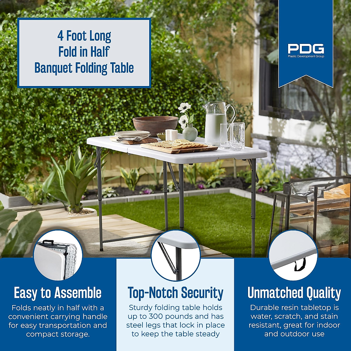 Plastic Development Group 4 Foot Long Bi Foldable Utility Garage Sale Event or Dining Banquet Multipurpose Folding Table with Carrying Handle, White