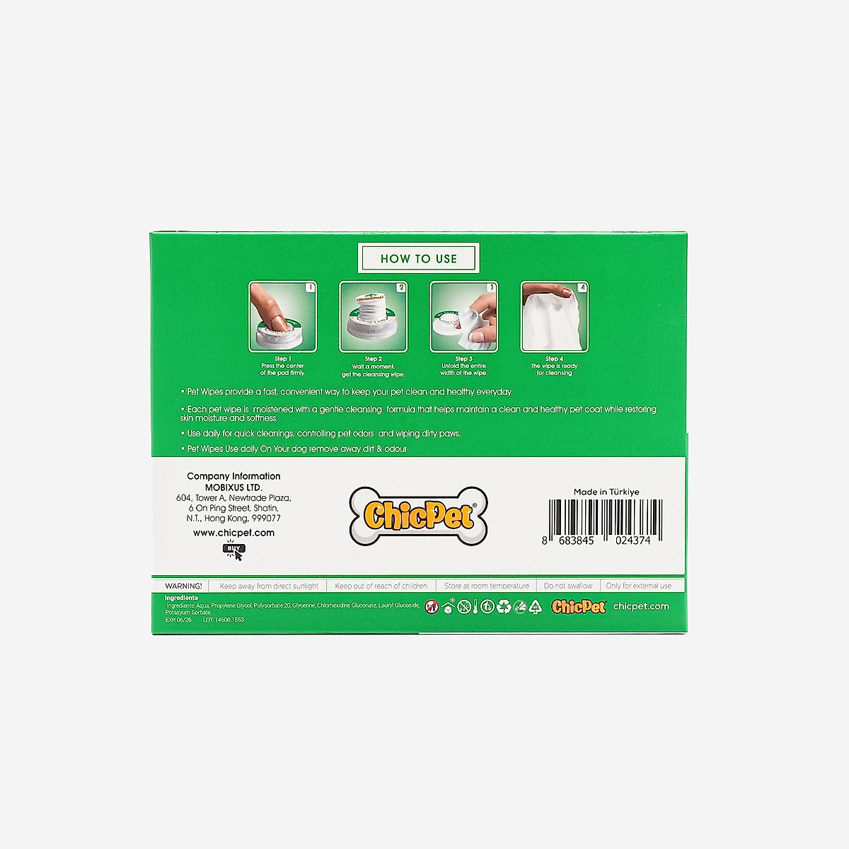 ChicPet Push and User-Ready, On-The-Go Unscented Dog Wipes, Hypoallergenic Grooming Wipes Cleaning for Easy Use for Paws, Body and Butt, Pet Wipes Good for Sensitive Skin