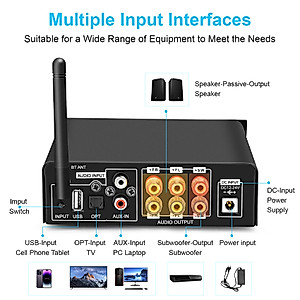 Daakro Stereo Audio Receiver Amplifier,100W Bluetooth 5.0 Mini Hi-Fi Audio Amp,2.1 Channel Amplifier Receiver with Bass and Treble Control for Home Outdoor Speakers/Subwoofer (with Power Supply)