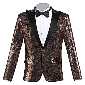 Men's Shiny Sequins Suit Blazer One Button Sequin Festival Party Tuxedo Slim Fit Banquet Prom Wedding Sport Coat (Brown,Medium)