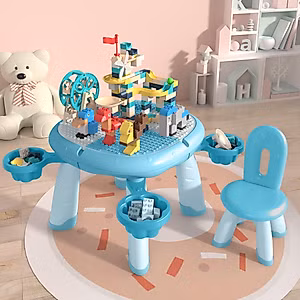 GITAWUSA Toddler Table and Chair Set, Kids Table and Chair with Double-Side Tabletop, Block Table for Toddlers 1-3, Kids Multi-Activity Table with Storage for Daycare/Playroom (Blue)