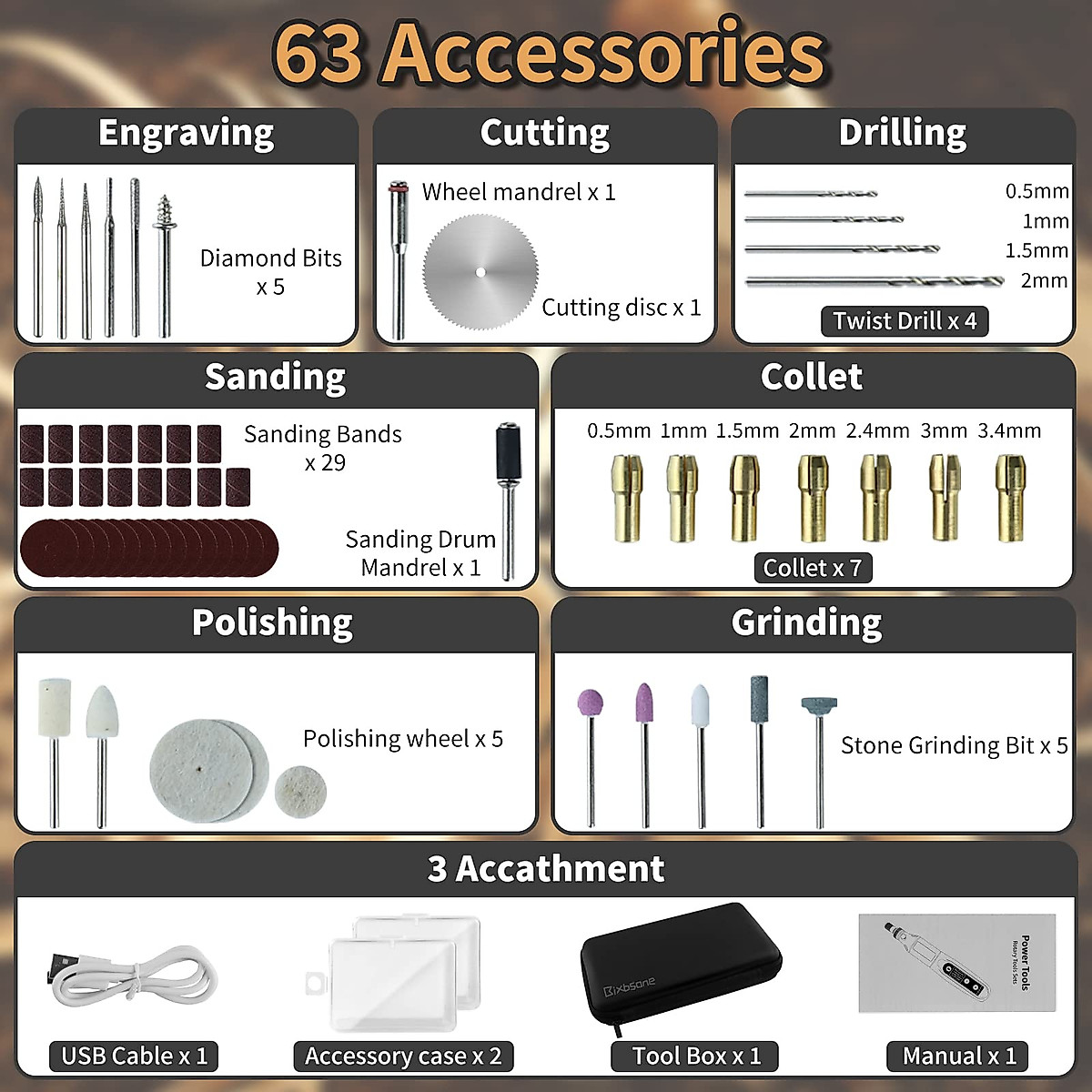 63pcs Cordless Rotary Tool, Mini Power Rotary Tool, 5-Speed and USB Charging 3.7V Rotary Tool Kit with 62 Accessories for Sanding, Polishing, Drilling, Etching, Engraving, DIY Crafts 1