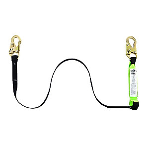 Peakworks Fall Protection Shock Absorbing, Safety Lanyard with Shock Pack and 2 Snap Hooks, 6 ft. Length, Black/Green, V8104306