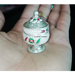 shree jewellers SJ Pure Silver Designer Meenakari Sindoor Dabbi with Lid, Pooja Items for Home, KumKum Round Box Spiritual Gift Item ~ Small Size 3.5 x 2.4 cm