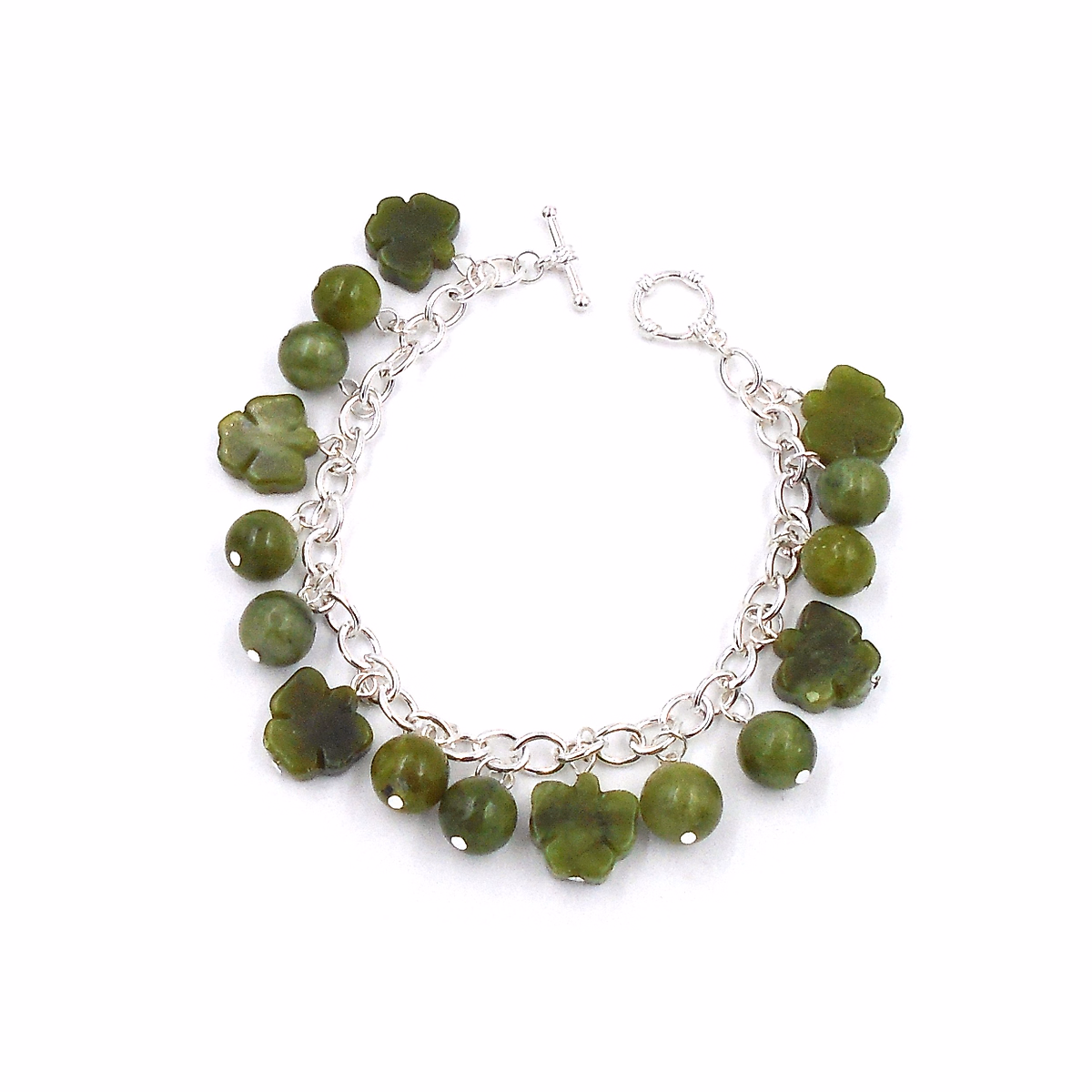J.C. Walsh and Sons Ltd Irish Connemara Marble: Sterling Silver Charm Bracelet ~ Shamrocks & Beads