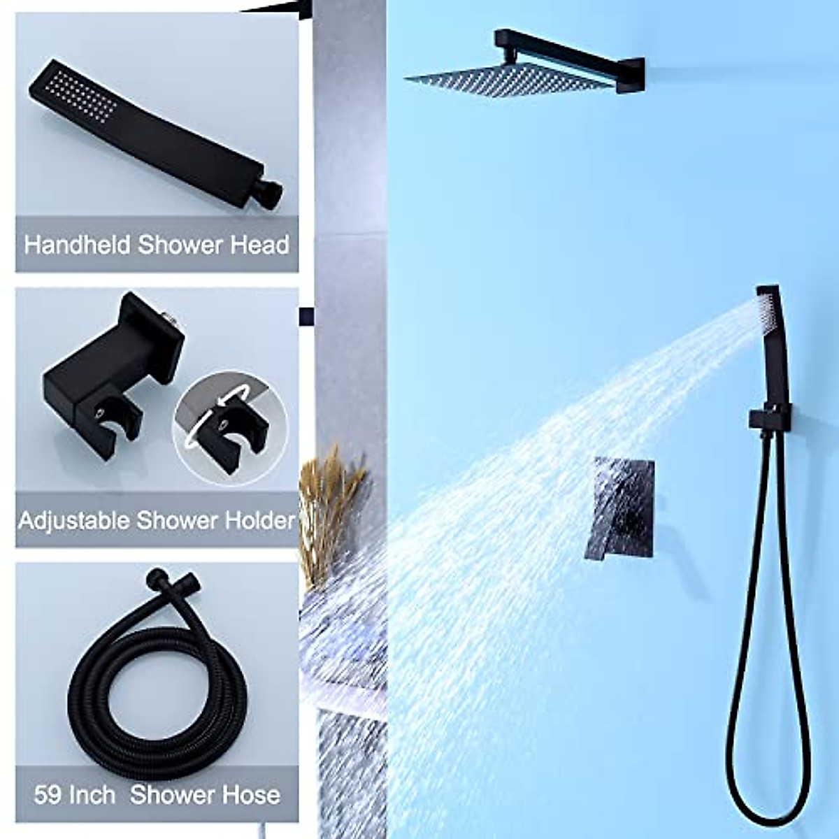 HANEBATH Matte Black Shower Faucet Set Complete with 10 Inch Rainfall Shower Head, Wall Mounted Shower Fixtures with Valve and Trim Kit