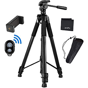 UltraPro 72" Inch Black Camera Tripod with Universal Smartphone Mount + Remote Control Compatible with iPhone/Android Cell Phone, Includes UltraPro Microfiber Cleaning Cloth