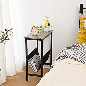 HOOBRO Side Table, Narrow End Table with Magazine Holder Sling, 18.9 x 9.4 x 24 Inch Industrial Nightstand for Small Spaces, Wood Look Accent Furniture with Metal Frame, Greige and Black BG41BZ01