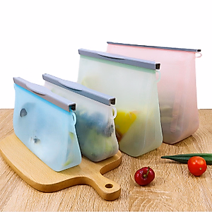 Reusable Slide-lock Bags Silicone Dishwasher Safe, 4 Pack BPA FREE Platinum Silicone Reusable Freezer Bags, Reusable Sandwich Kids Snack Bags, Leak Proof Reusable Food Storage Bags for Lunch or Snacks