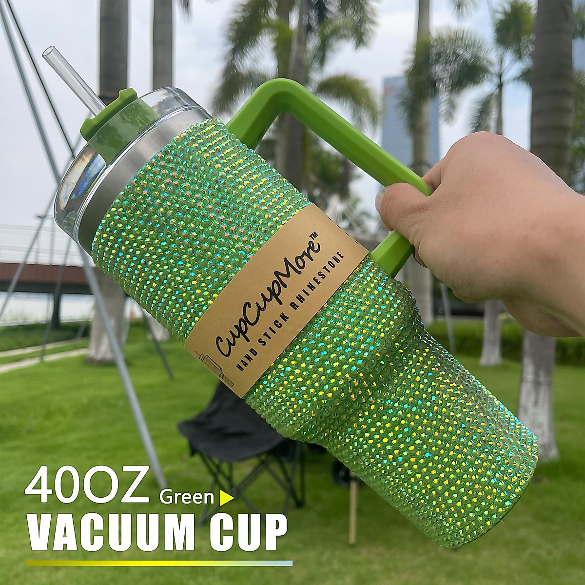 Cupcupmore 40oz Green Bling Rhinestone Stainless Steel Sippy Tumbler Glitter Vacuum Insulated Water Bottle with Straw & Lid &Handle,Thermos for Hot & Cold Drinks,Car Cup Holder,Coffee