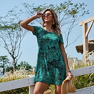 POPYOUNG 2025 Women's Summer Casual T-Shirt Dresses Crew Neck Beach Cover Up Sun Dress 2XL, Floral Mixed Blue