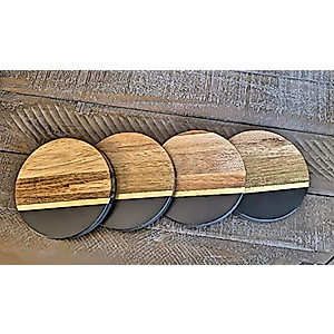 Black Slate & Acacia Wood Coasters with Brass Inlay, Set of 4