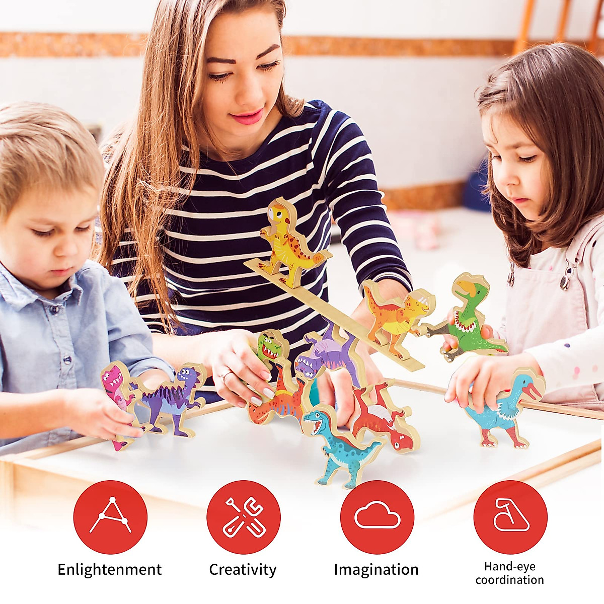 JACATO Wooden Stacking Dinosaur Toys for Kids 3-5, Wooden Montessori Toys for Boys Girls 2 3 4 Year Old, Dinosaur Toys Christmas and Birthday Gifts for Boys Girls 2-6