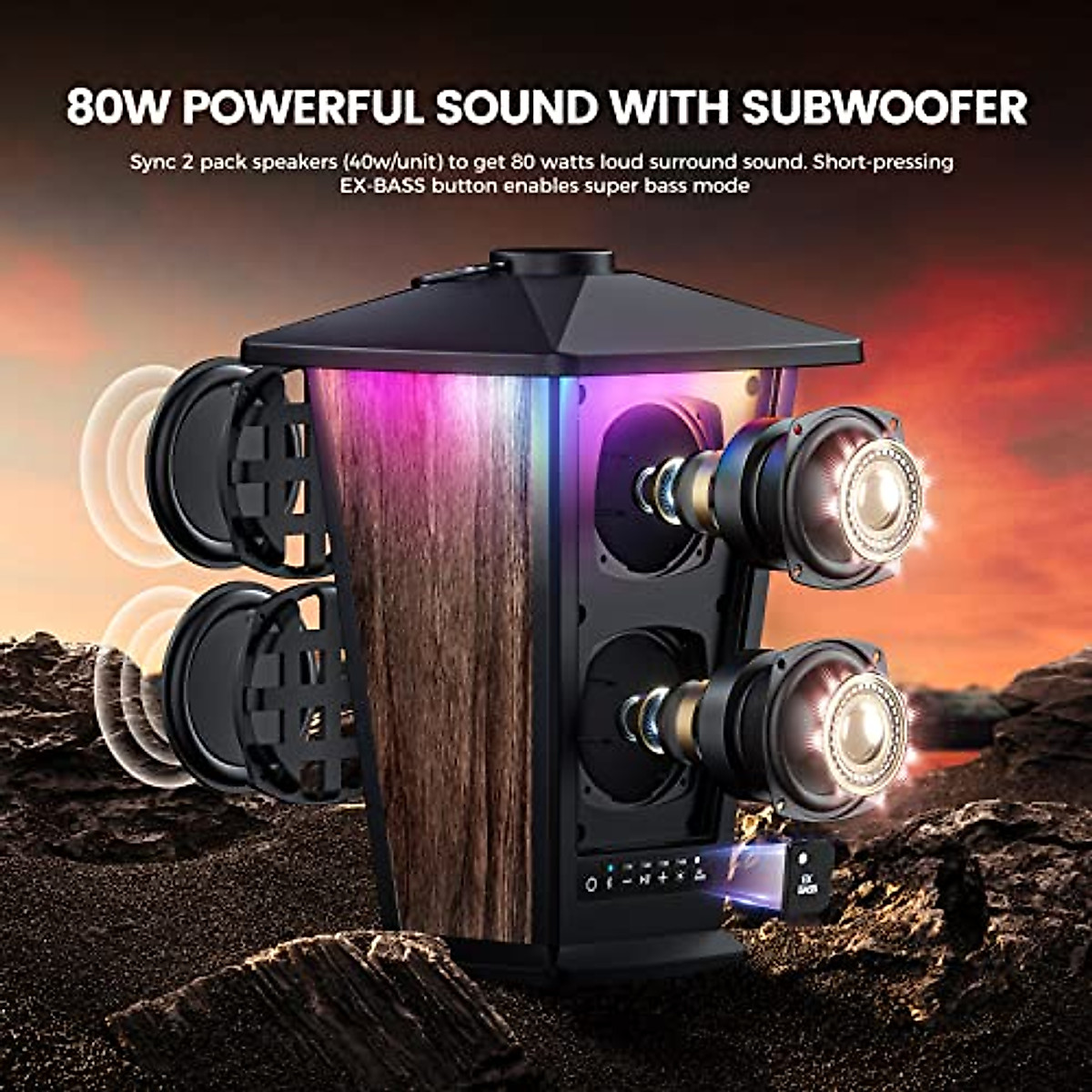 80W Outdoor Bluetooth Speaker Waterproof, True Wireless Stereo Sound with Punchy Bass, Multi-Connect up to 100 Speakers, 4 Adjustable Modes Beat-Driven Lights, Party/Patio/Pool Side/Beach, 2 Pack
