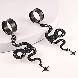 Atomhole 2PCS Snake Dangle Ear Gauges Hypoallergenic Stainless Steel Ear Plugs Ear Hangers for Stretched Ears Tunnels Pair Selling 2g 0g Body Jewelry (10mm(00G), Black)