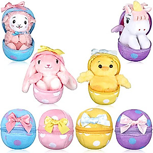 Skylety 4 Packs Easter Egg Stuffed Animals 6 Inch Easter Eggs Filled with Llama Unicorn Chick Rabbit Plush Inside for Easter Basket Stuffers Presents Exchange Party Favors Gifts