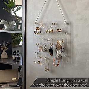 JEREVER Earring Holder for Wall Hanging Jewelry Organizer Display Acrylic Hanger Rack with 96 Holes, 6 Hooks for Necklaces, Bracelets (Accessories are not included)