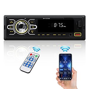 Single Din Car Stereo - Multimedia Bluetooth Audio and Hands-Free Calling, Built-in Mic, MP3 Player, No CD/DVD Player, USB Playback & Charging, AUX/TF Input, FM Radio, Remote/App Control