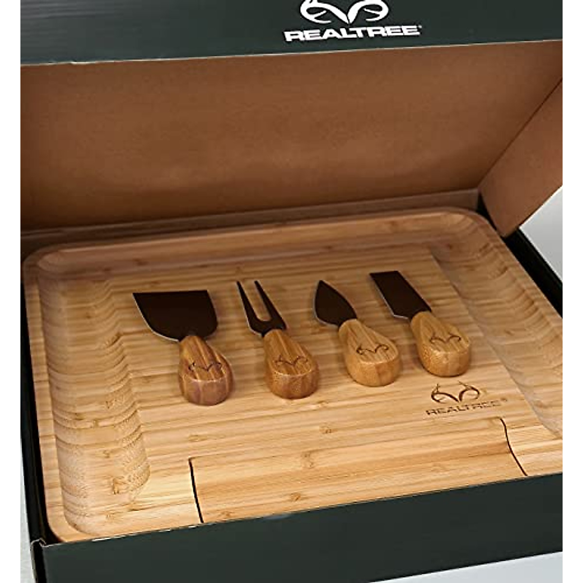 Realtree Bamboo Charcuterie Cheese Board & Knife Set, Serving Platter Tray with Cutlery Set, Housewarming Gifts, Entertaining, Cheese Serving Plate, Large Cheese Charcuterie Board