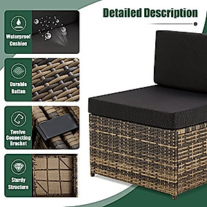 KROFEM 8 Pieces Patio Rattan Furniture Set with Hidden Storage, 7 Sofa Sections, Outdoor Wicker Conversation Set, Natural Color Rattan with Dark Grey Cushion