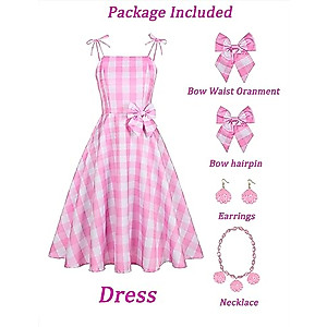 Girls Costume Dress Kids Princess Cosplay Halloween Costume Pink Plaid Dress with Hairpin Necklace Earrings CA009M
