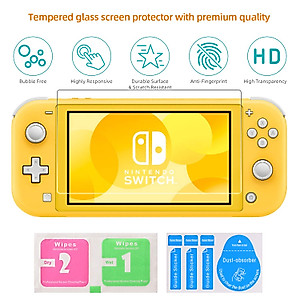 Protective Case Bundle for Nintendo Switch Lite, Tempered Glass Screen Protector, 4 Game Card Slots, Kick-Stand, Ergonomics Hand Grip, Shockproof, Anti-Scratch for Nintendo Switch Lite Case Yellow