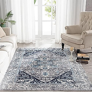 Syalife Washable Rug Vintage Area Rugs, 5'x 7' Living Room Rug with Non Slip Backing, Ultra-Thin Medallion Distressed Non-Shedding Blue Rug, Vintage Floor Mat Indoor Rug (FG12-Blue, 5'x 7')