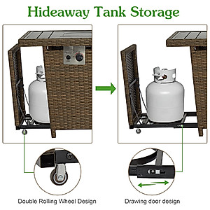 Kinsuite Propane Tank Cover Table 16" Side Hideaway Wicker Tank Table for Gas Fire Pits, Rattan Tank Table Cover with Storage & Adjustable Foot for Standard 20 Gallon Propane Tanks, Brown