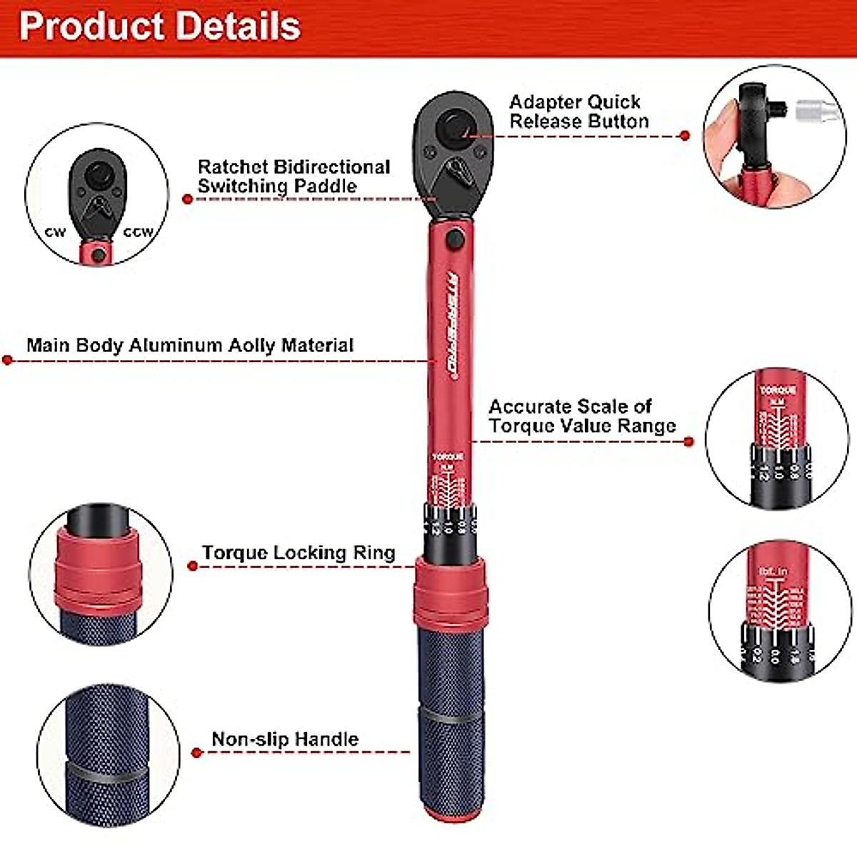 ATsafepro 1/4 Inch Drive Click Torque Wrench,3-25 Nm/26.6-221.3 lbf.in Small Bike Torque Wrench,Lightweight 72-Tooth Dual-Direction Inch Pound Torque Wrench for Road & Mountain Bikes