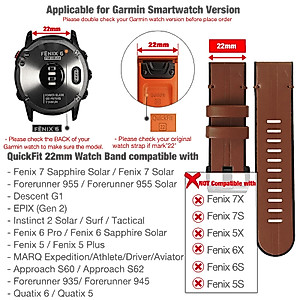 Abanen Genuine Leather Watch Band, QuickFit 22mm, Soft Sweatproof Silicone for Garmin Fenix 6/5/7, Instinct, EPIX 2, Approach S62/S60, Brown