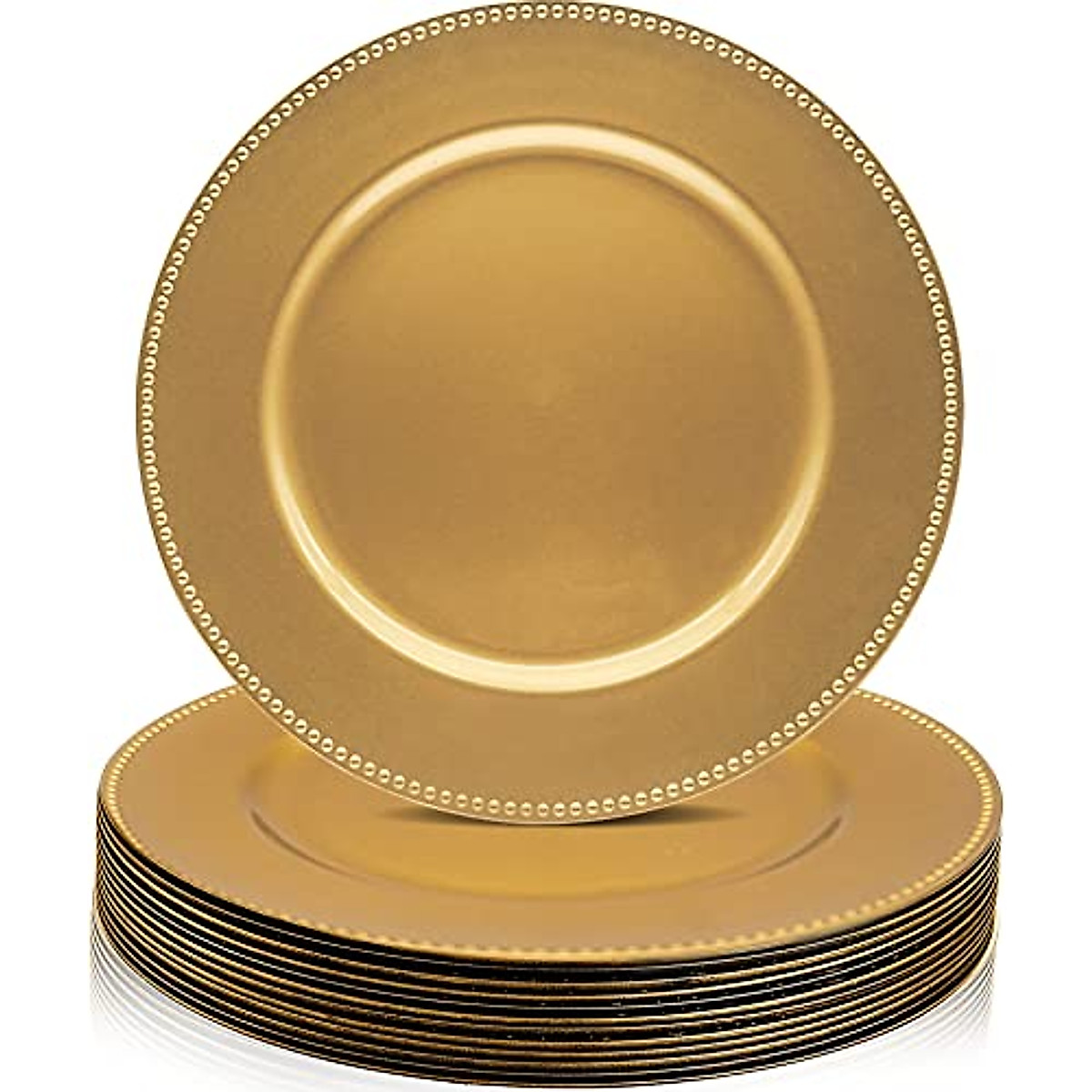Cezoyx 12 Pack Gold Charger Plates with Beaded, 13 Inch Round Charger for Dinner Plate - Plastic Decor Charger Plate for Wedding, Party, Restaurant, Thanksgiving, Family Gathering