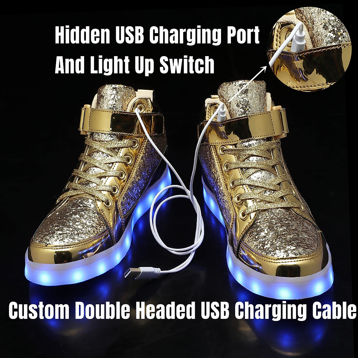 IGxx LED Light Up Shoes for Men USB Recharging High Top LED Sneakers Women Kids Glitter Gold