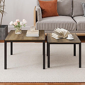 Smuxee Nesting Coffee Table Set of 2, Square Modern Stacking Table with Wood Finish, Industrial End Table Side Tables for Living Room Bedroom Balcony Yard Oak