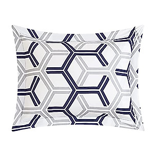 Chic Home Marcia 4 Piece Comforter Set Printed Pinch Pleated Ruffled and Reversible Geometric Design with Decorative Pillow and Sham, Full/Queen, Navy