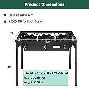 STAKOL 3 Burner Propane Stove Outdoor, 225,000 BTU Camping Stove Propane with Removable Legs & CSA Regulator, High Pressure Portable Gas Stove for Cooking Home Patio Cookout