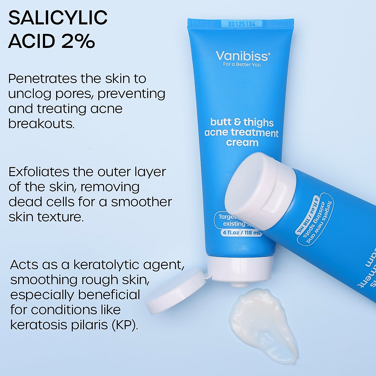 Vanibiss Butt & Thighs Acne Treatment Cream - Reduce Butt Acne, Pimples & Zits - Buttocks Acne Cream - Butt Acne Clearing Lotion - Butt Cream for Bum Acne - 2% Salicylic Acid for Acne Prone Skin (4oz)