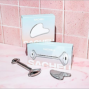 SACHEU Stainless Steel Gua Sha - Metal Gua Sha, Gua Sha Facial Tools Stainless Steel, Reduce Puffiness, Lymphatic Drainage, Facial Tension, Durable Stainless Steel Gua Sha Tool with Travel Pouch