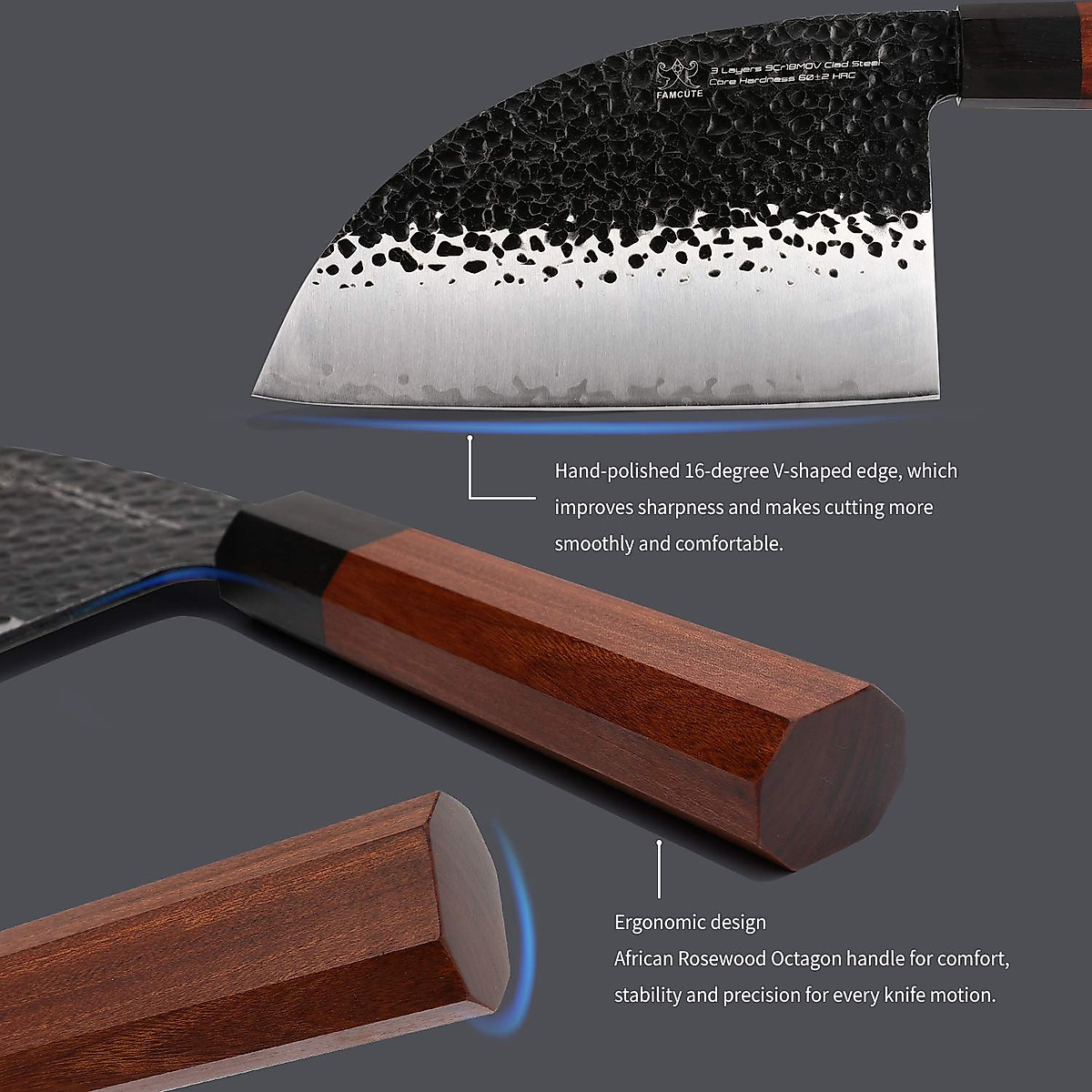 FAMCÜTE 6.5 inch Butcher Knife, 3 Layer 9CR18MOV Clad Steel w/octagon Handle Serbian Meat Cleaver Knife with Leather Knife Sheath