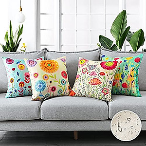 Artscope Set of 4 Decorative Throw Pillow Covers 18x18 Inches, Flowers Pattern Waterproof Cushion Covers, Perfect to Outdoor Patio Garden Living Room Sofa Farmhouse Decor