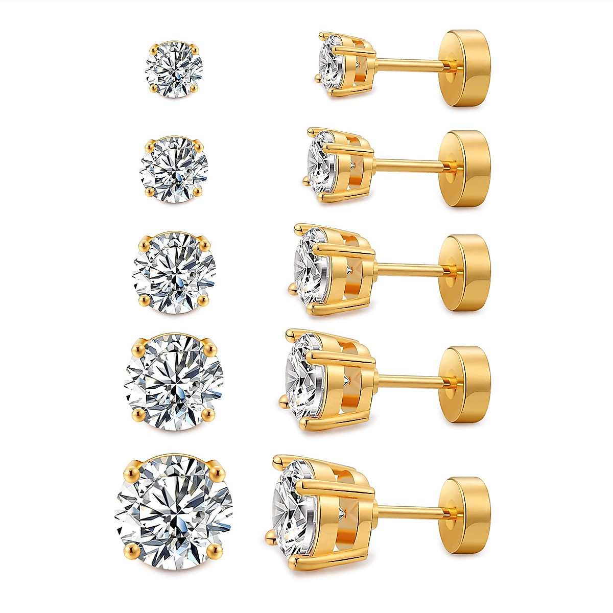 Kainier Women's 5 Pairs 14K Gold Plated CZ Stud Earrings Flat Back Earrings Simulated Diamond Round Surgical Steel Cubic Zirconia Hypoallergenic Flat Back Ear Stud Set（5 Pairs)