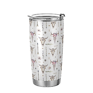 Jihqo Western Cow Skull Tumbler with Lid and Straw, Insulated Stainless Steel Tumbler Cup, Double Walled Travel Coffee Mug Thermal Vacuum Cups for Hot & Cold Drinks 20oz